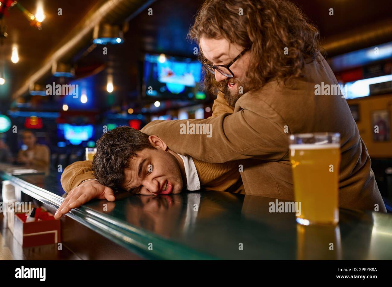 Young drunk men fighting in pub. Furious football spectator conflict ...