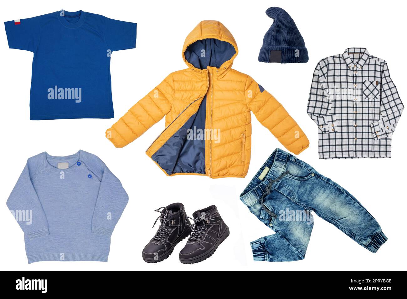 Collage set of little boys autumn clothes isolated on a white ...
