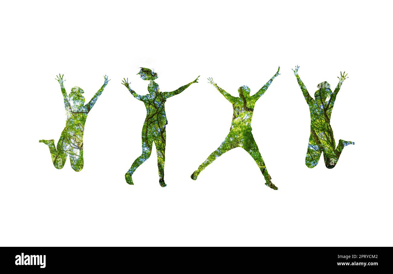forest silhouettes of people jumping with joy forest and environment ...