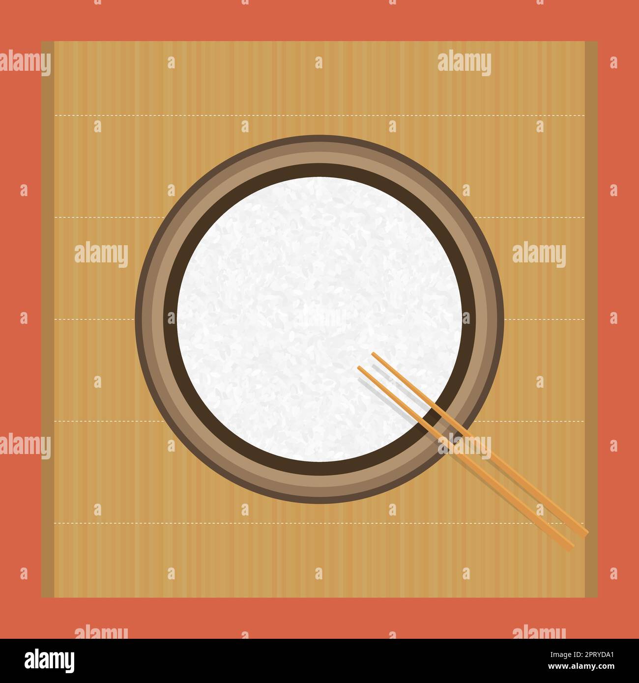 Raw faceted rice grains with sticks icon on bamboo carpet background ...