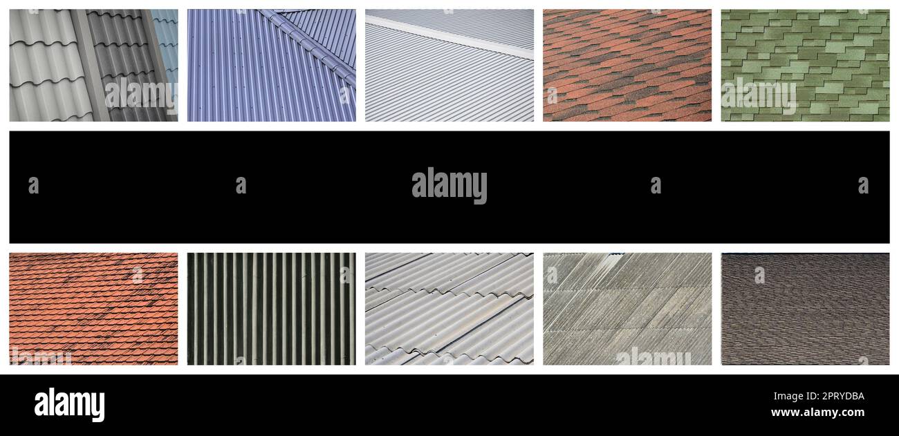 A collage of many pictures with fragments of various types of roofing ...