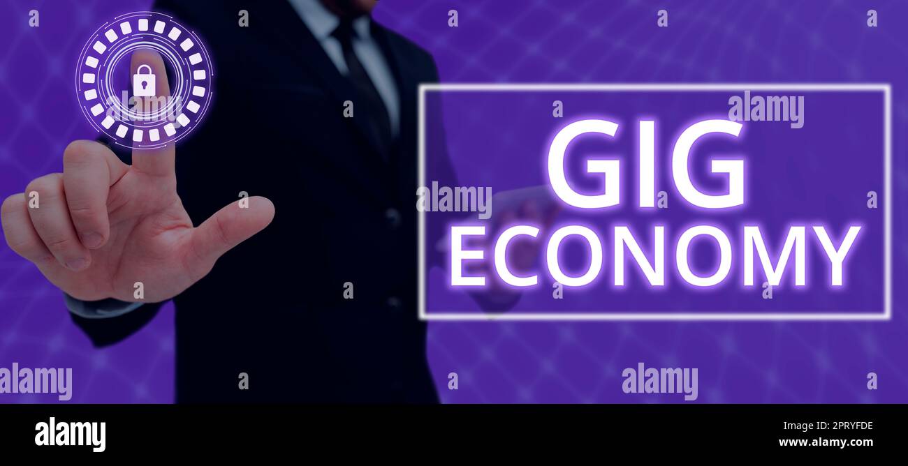 Hand writing sign Gig Economy, Concept meaning a market system ...