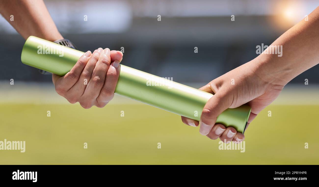 Teamwork, relay race and hands on baton, fitness competition and women ...