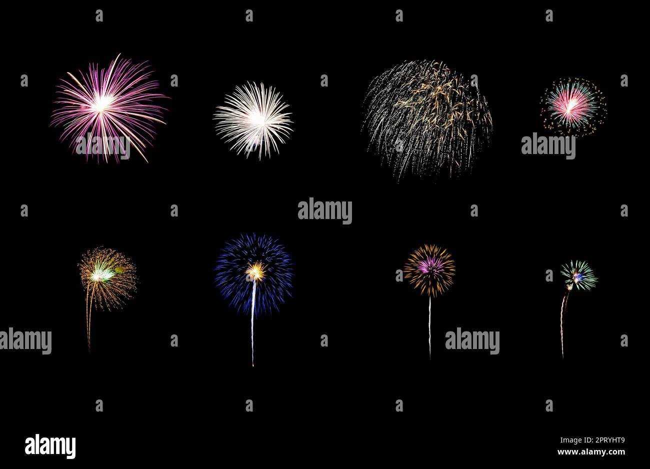Collection of colorful festive eight fireworks exploding over night sky ...