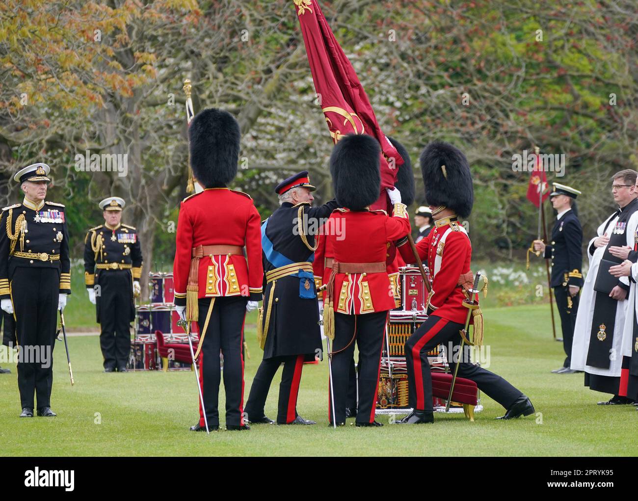King Charles III presents new Colours to The King's Company of the Grenadier Guards, during a ...