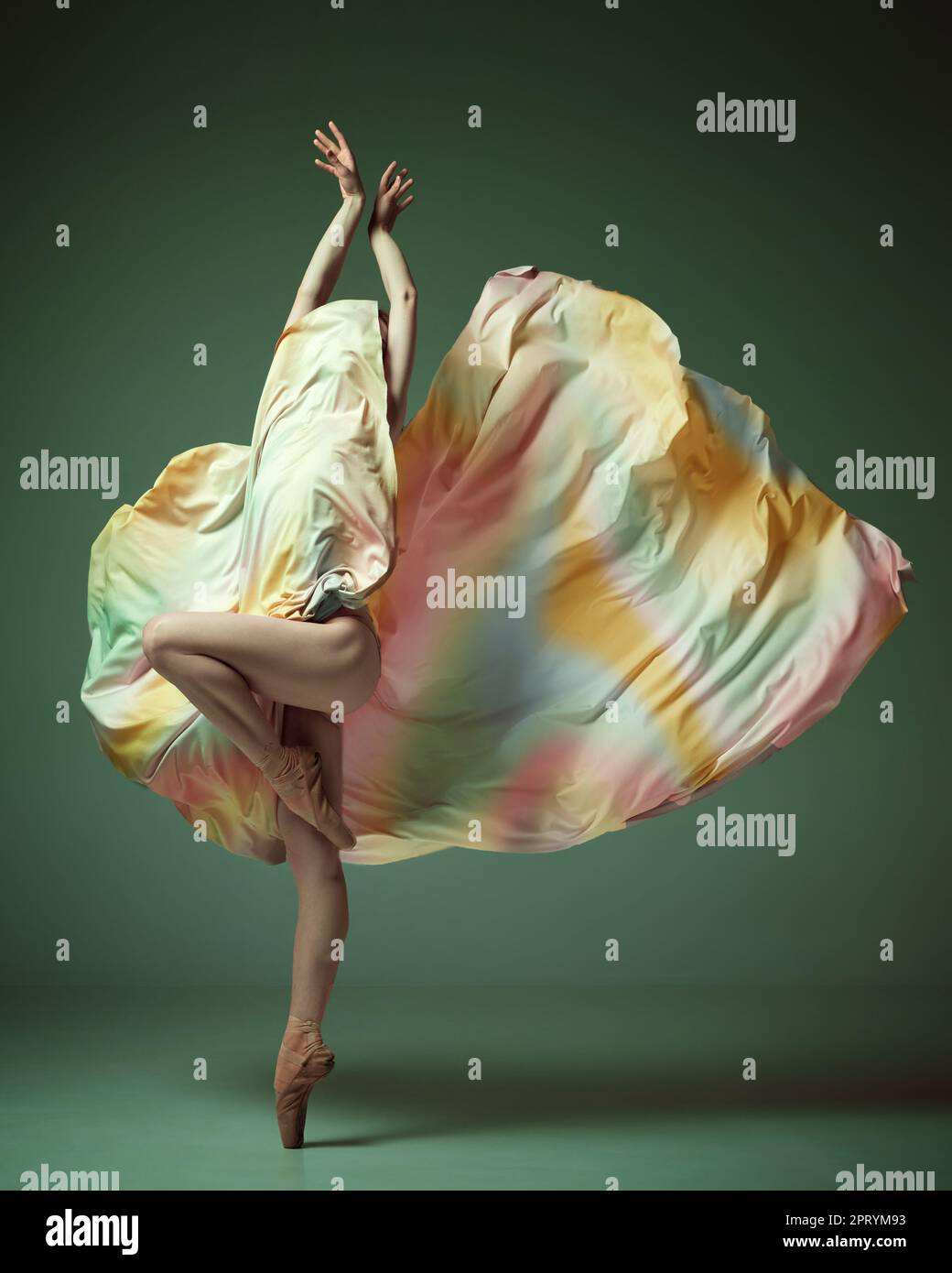 One graceful ballerina wearing rainbow dress dancing graceful movement ...