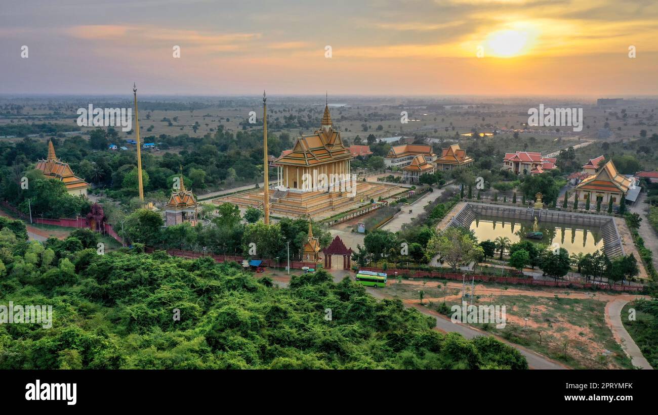 Aerial drone view of large Kandal Temple, breathtaking Pagoda monastery ...