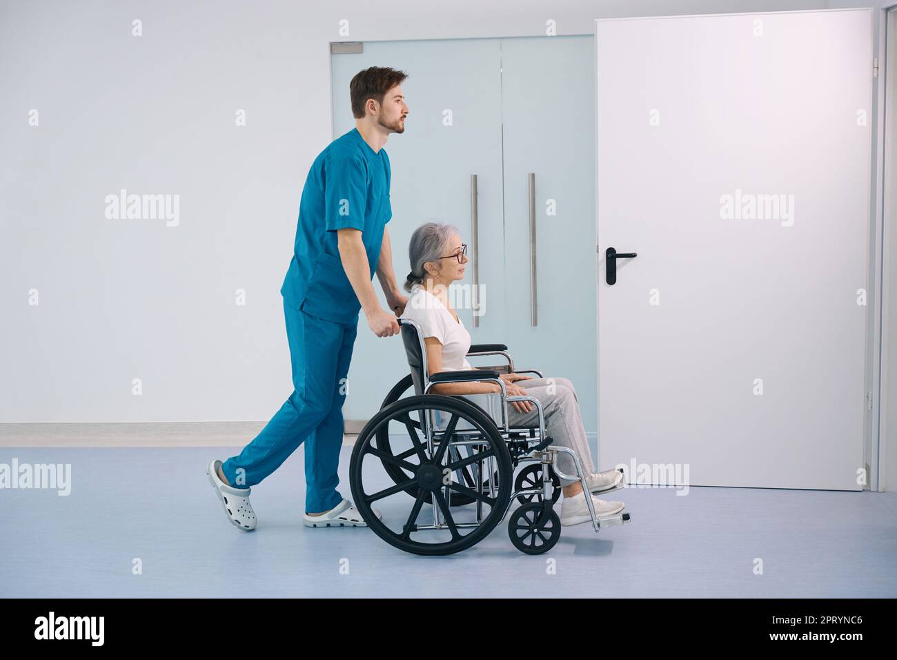 Caring health worker accompanies an elderly lady in a wheelchair Stock ...