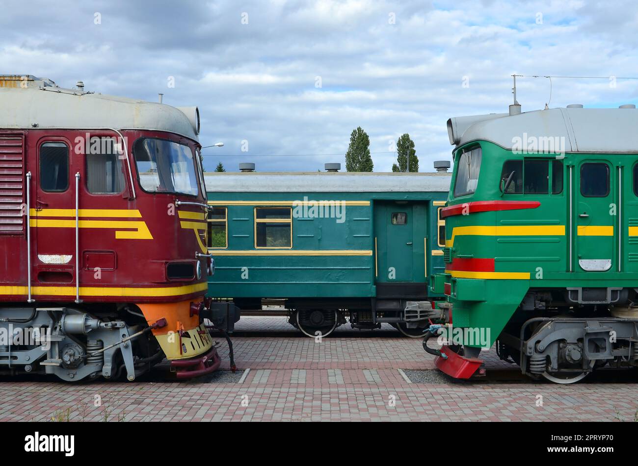 Cabs of modern Russian electric trains. Side view of the heads of ...