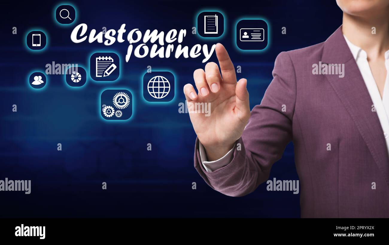 Customer journey concept. Woman pointing at virtual screen with ...