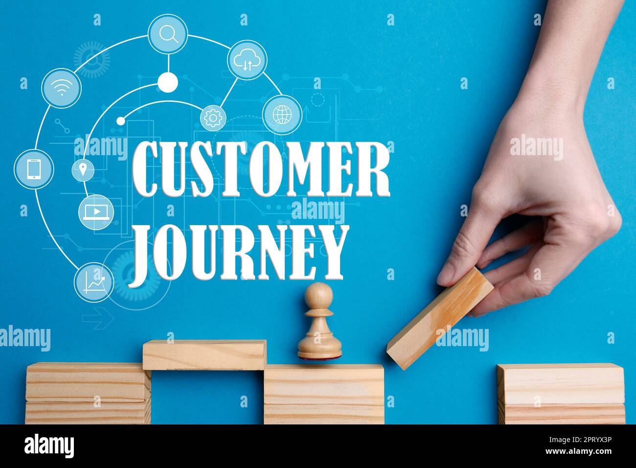 Customer journey concept. Woman building bridge with wooden blocks on ...