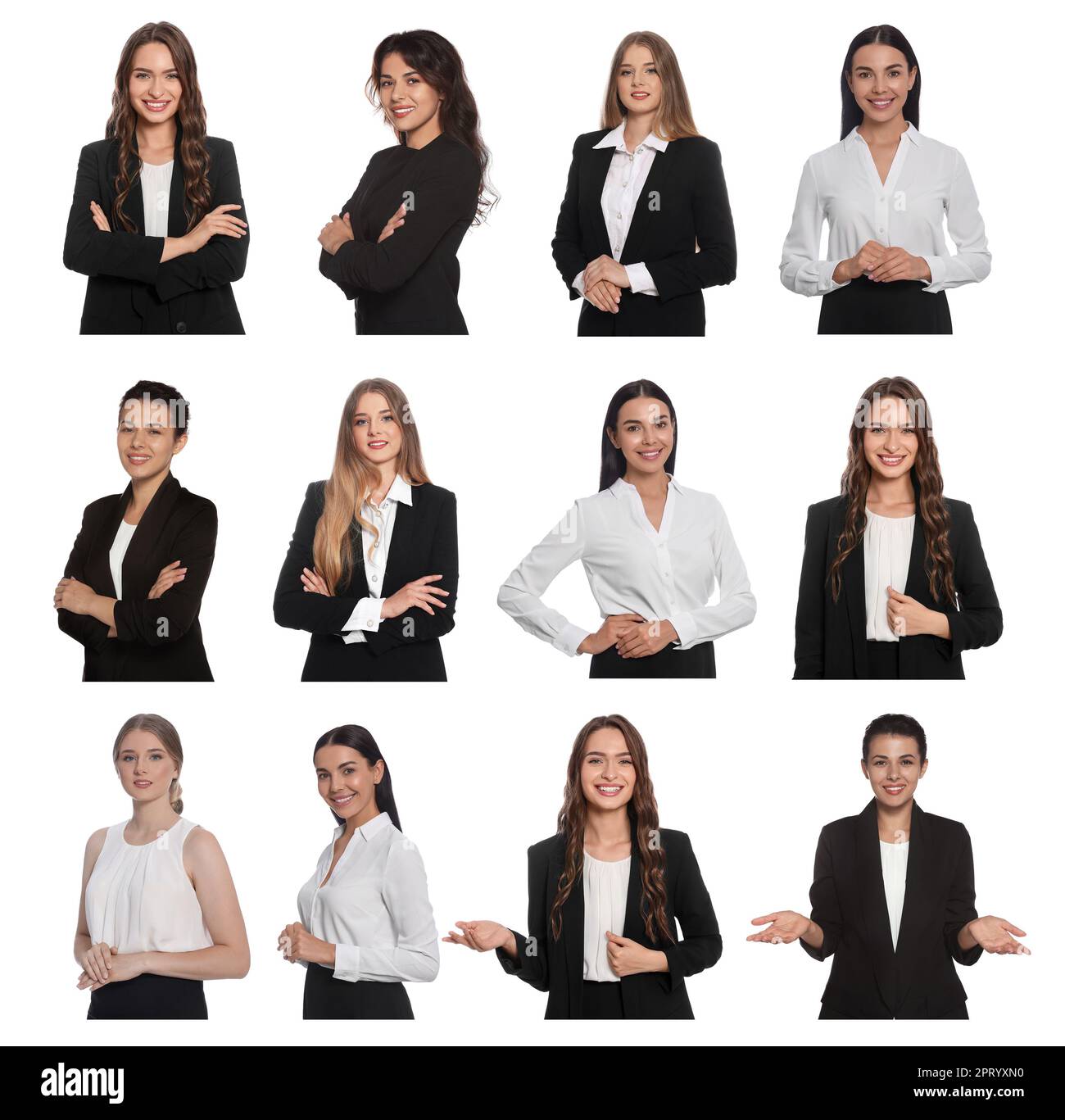 Collage with photos of hostess in uniform on white background Stock ...