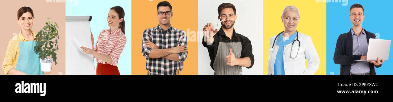 Collage with photos of people of different professions on color ...