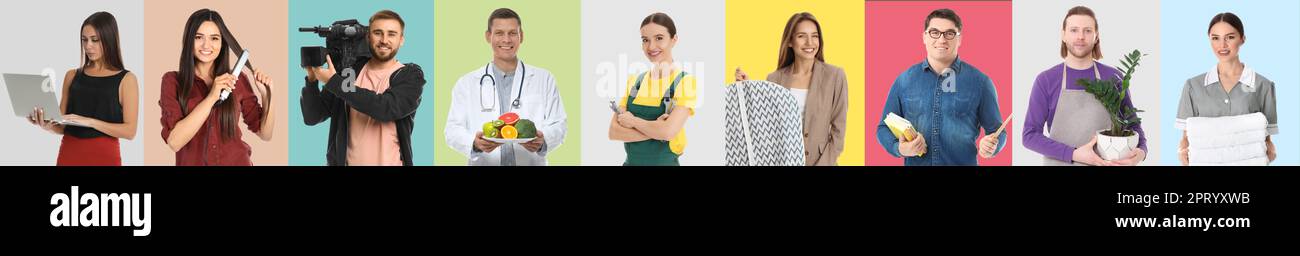 Collage with photos of people of different professions on color ...