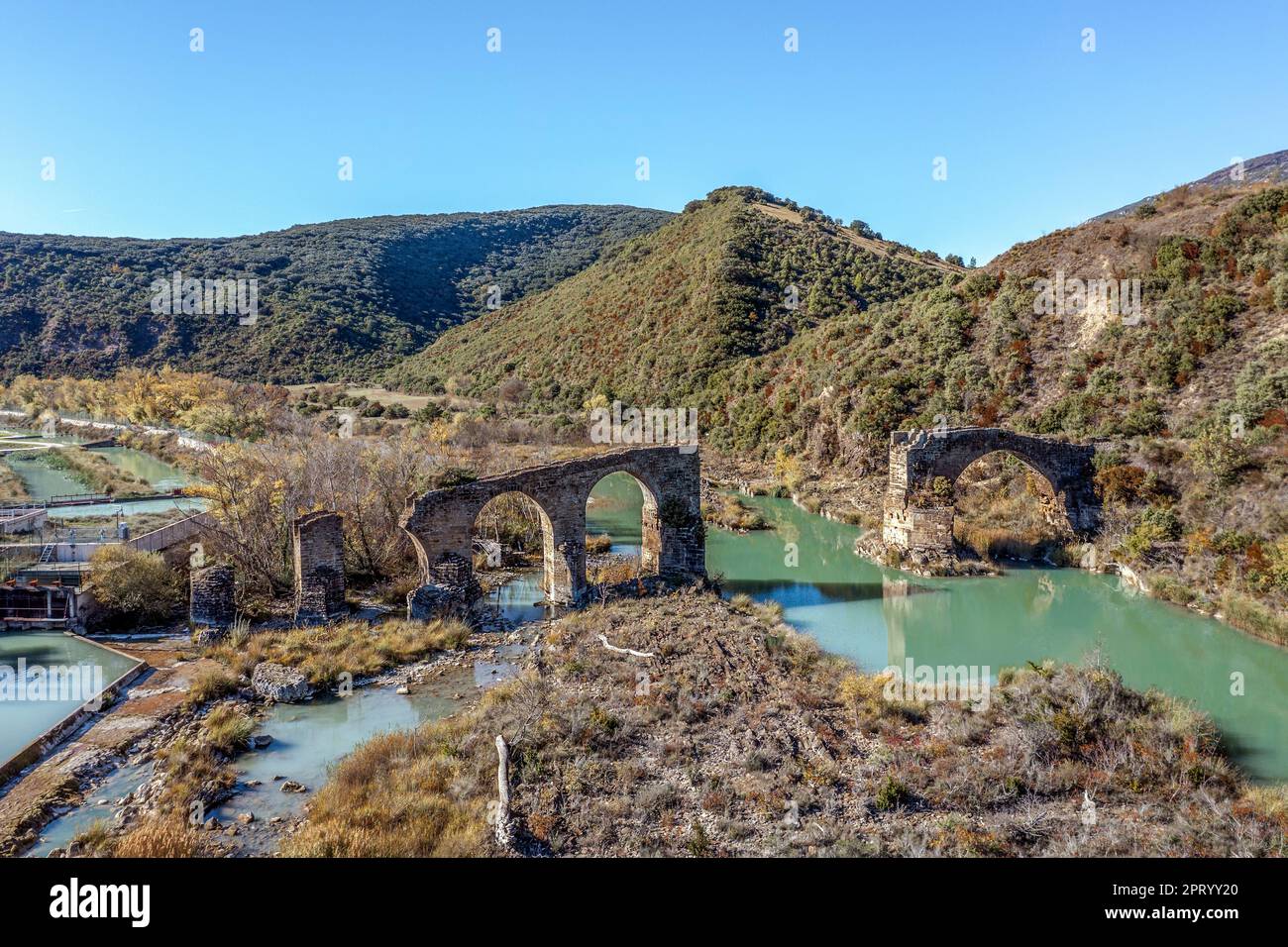 Roncalese bridge, Medieval construction, with seven arches, semi-ruined ...