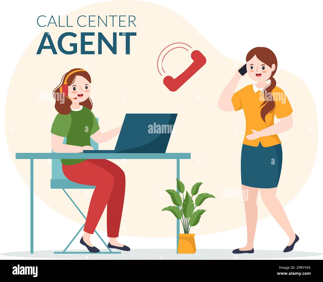 Call Center Agent of Customer Service or Hotline Operator with Headsets and Computers in Flat ...