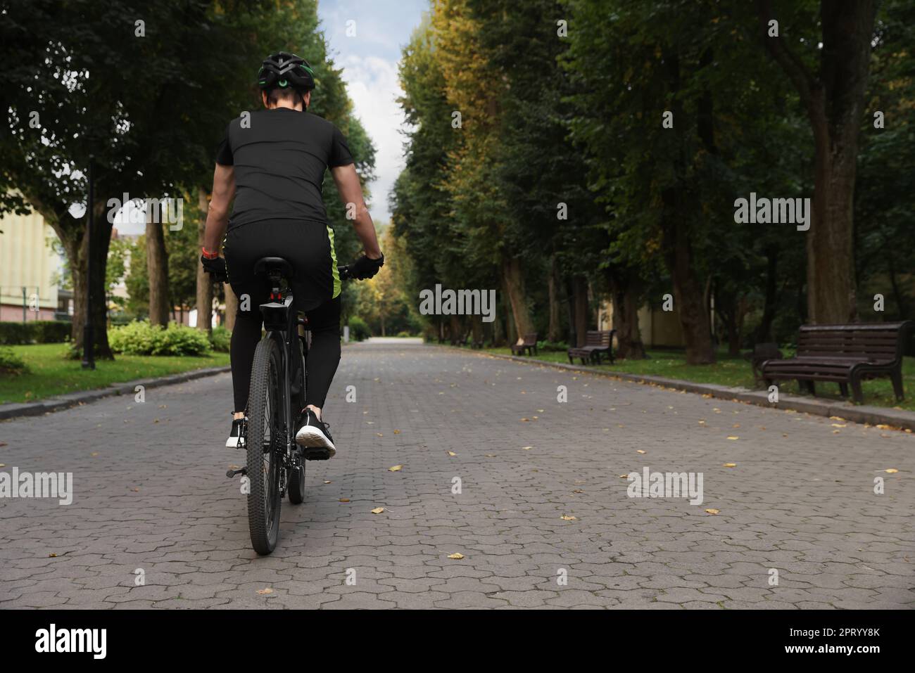 Man riding bicycle on road outdoors, back view. Space for text Stock ...