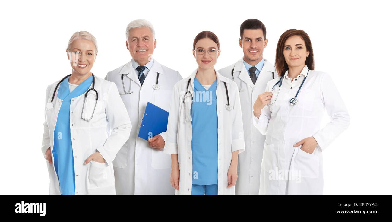 Collage with photos of doctors on white background Stock Photo - Alamy