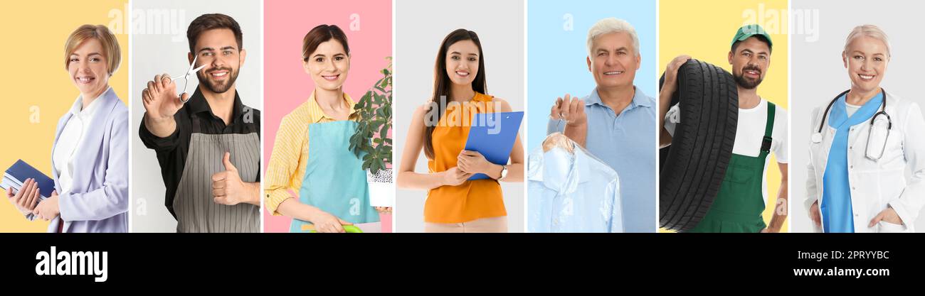 Collage with photos of people of different professions on color ...