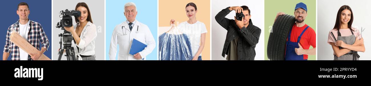 Collage with photos of people of different professions on color ...