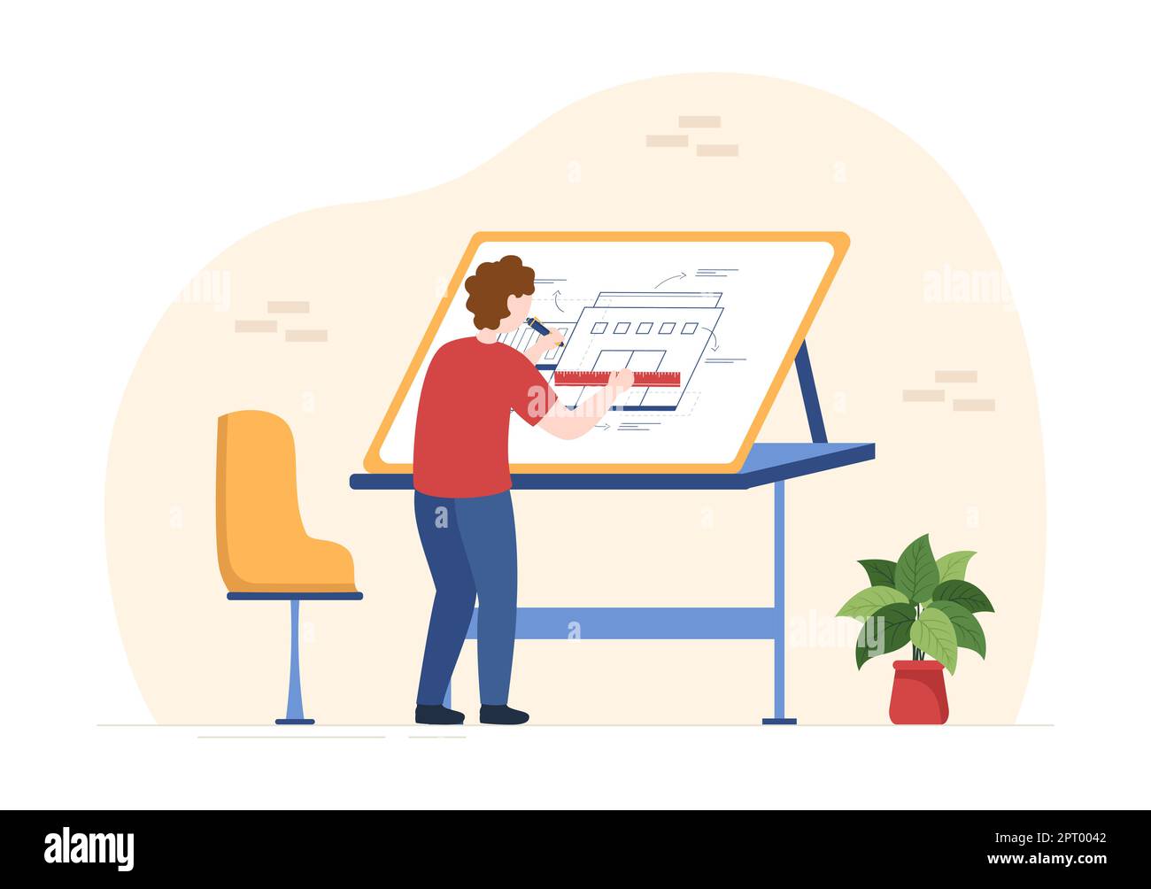 Drafting, Engineer or Architect Working on Drawing Board Projecting and ...