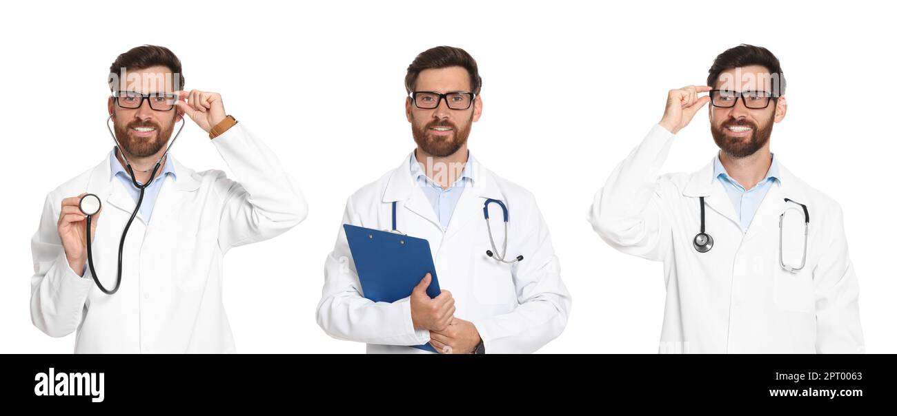 Collage with photos of doctor on white background. Banner design Stock ...