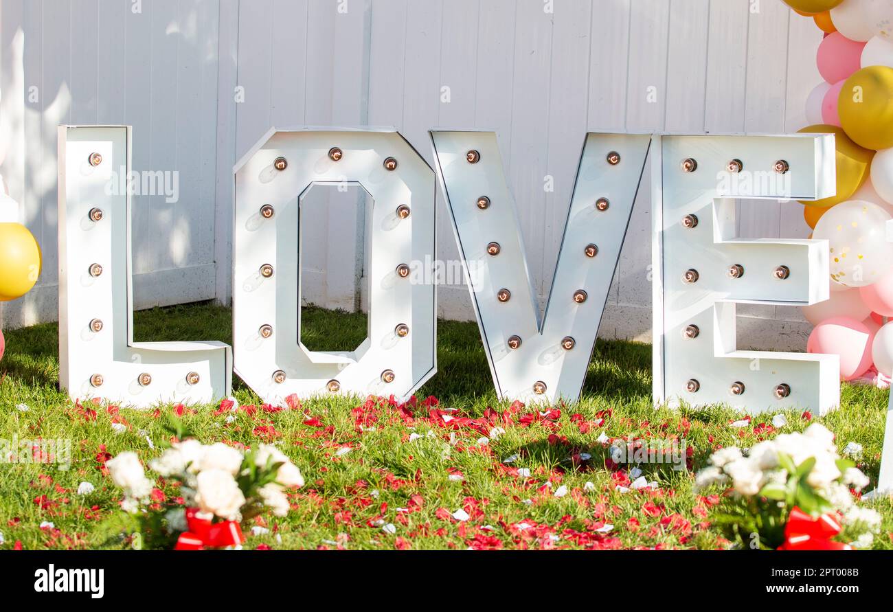 LOVE spelled out in large letters withh lights on a lawn covered in ...