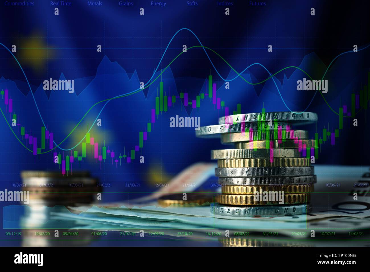 Concept of bonds. Money and illustration of financial charts on blue ...