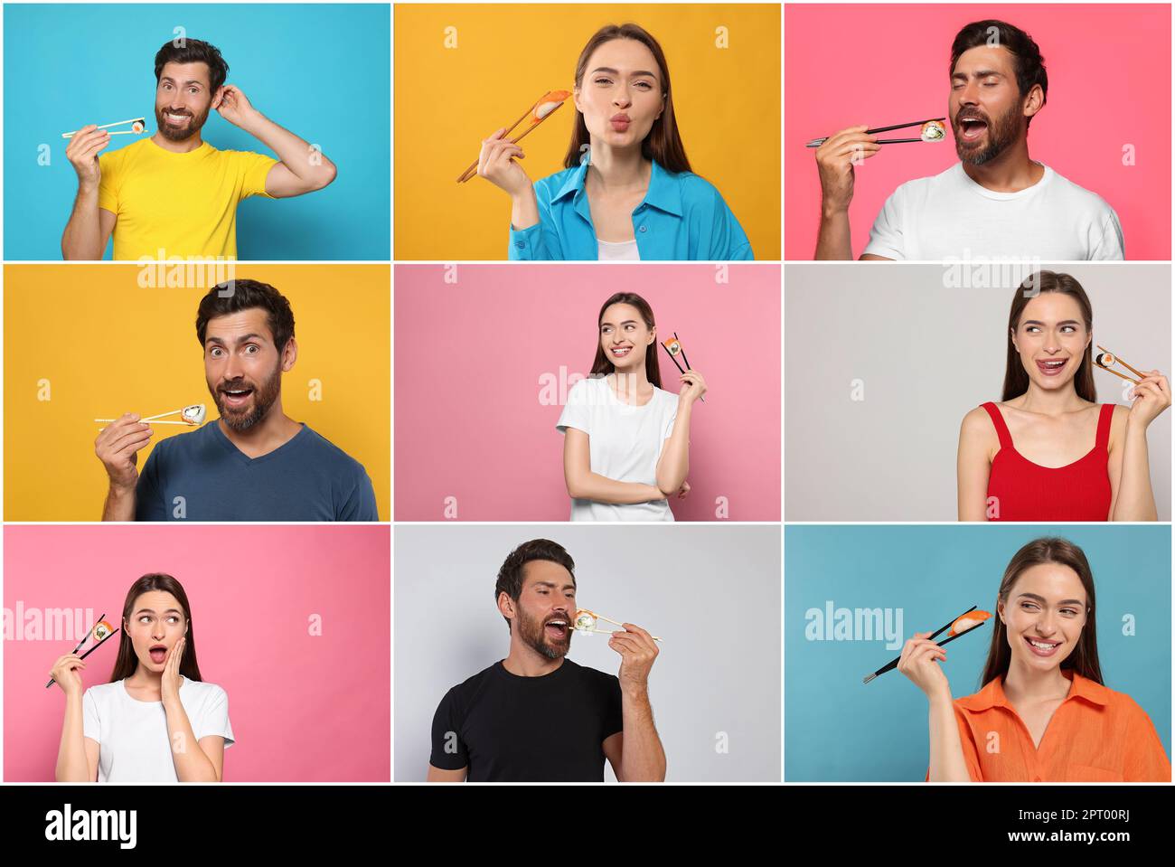 Collage with photos of people eating tasty sushi and rolls on different ...