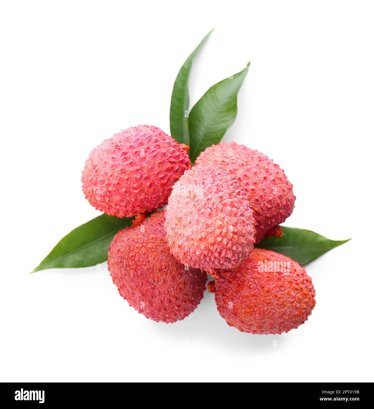 Pile of fresh ripe lychees with green leaves on white background, top ...