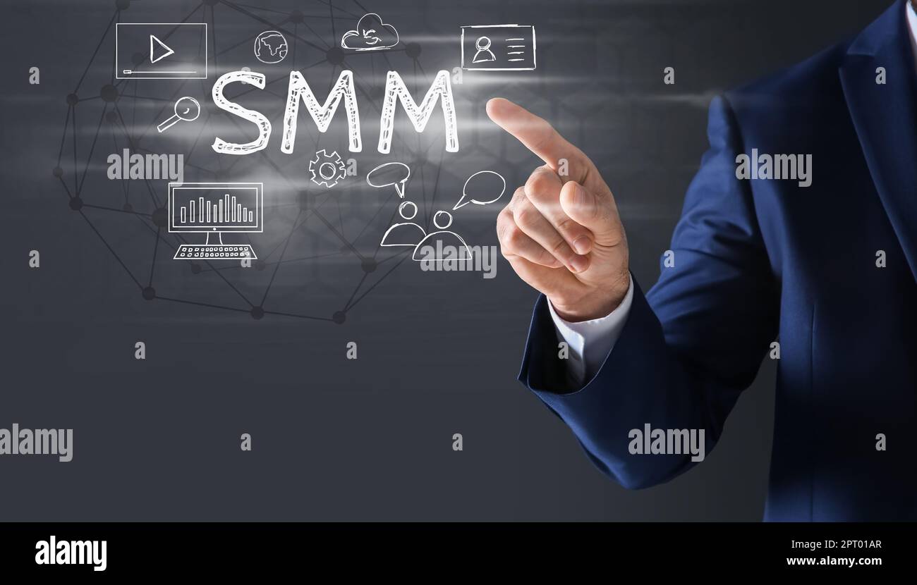 Social media marketing concept. Man touching virtual icon SMM against ...