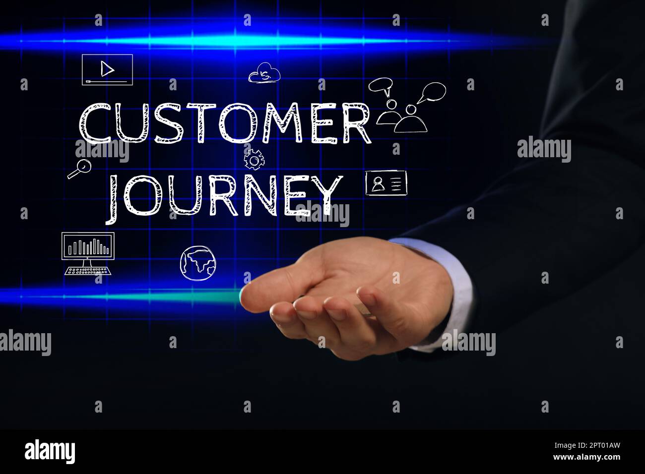 Customer journey concept. Man demonstration phrase and different icons ...