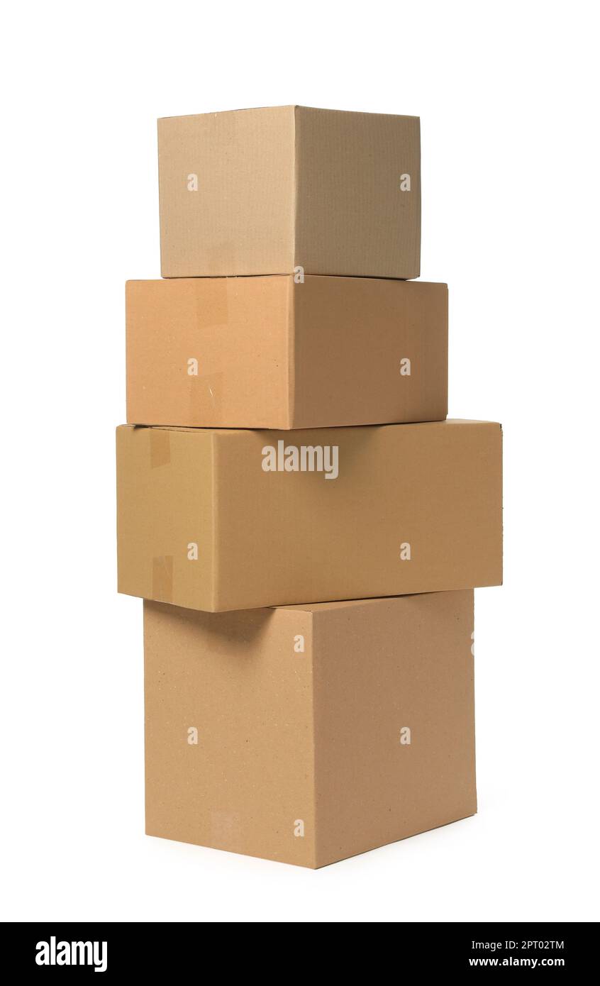 Many closed cardboard boxes on white background. Delivery service Stock ...