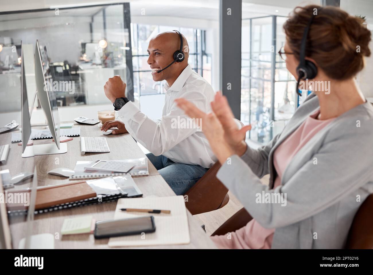 Call center, celebrate and applause for target, sale and success in ...