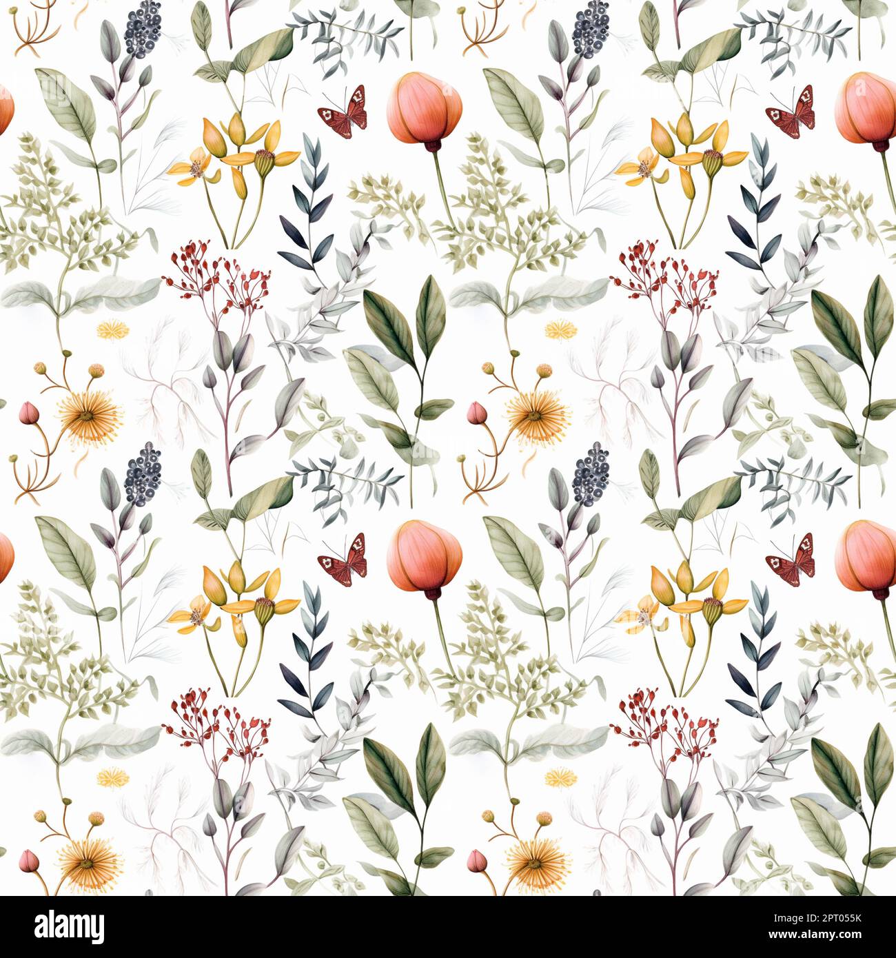 Watercolor botanical seamless pattern with wildflowers and butterflies ...