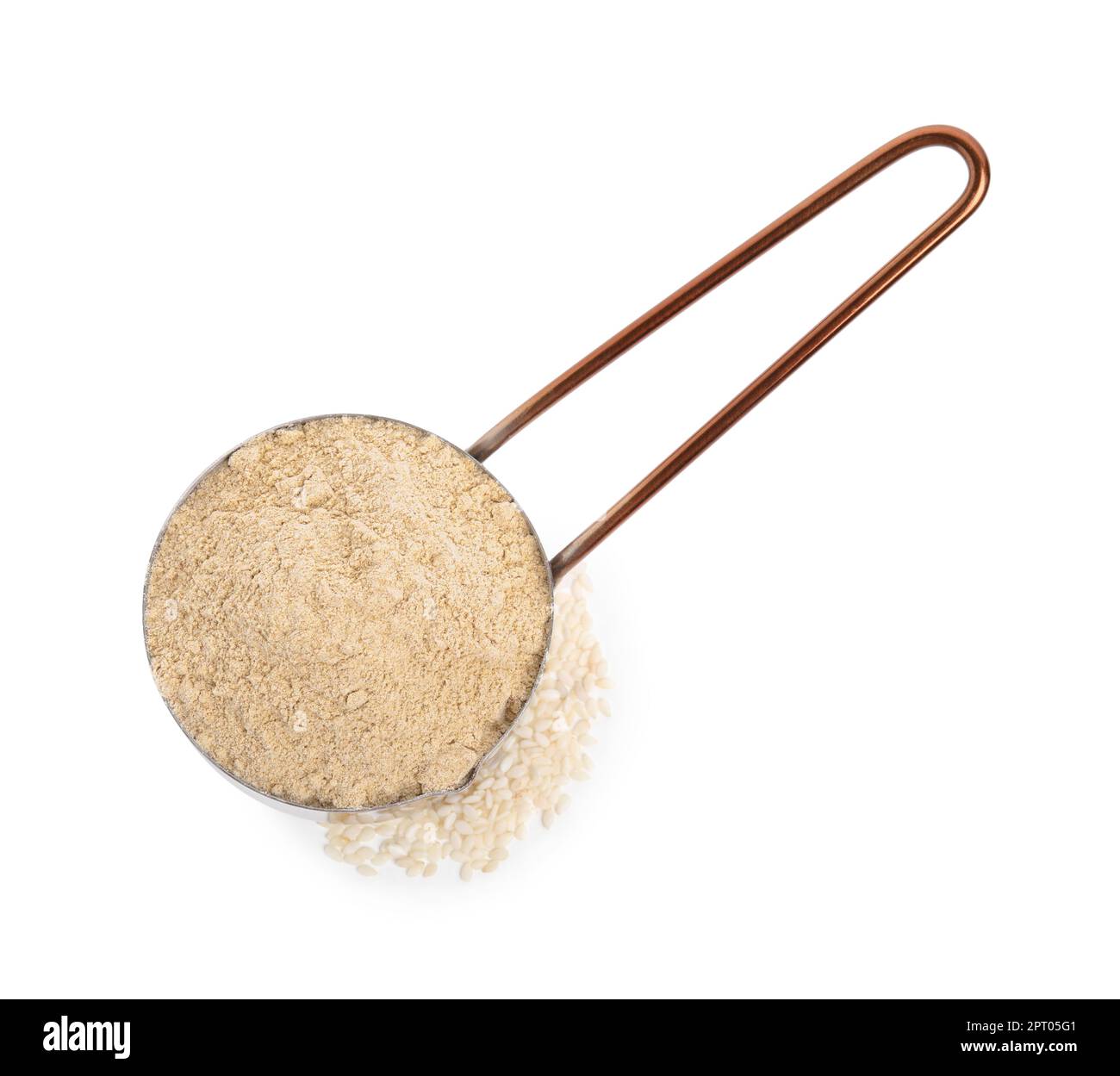 Sesame flour in dish isolated on white, top view Stock Photo - Alamy