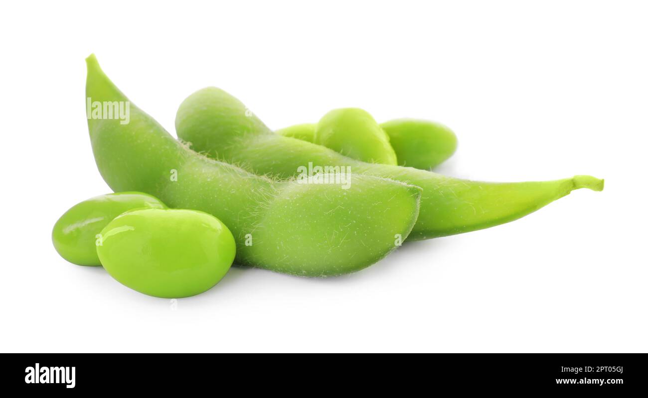 Fresh green edamame pods and beans on white background Stock Photo - Alamy