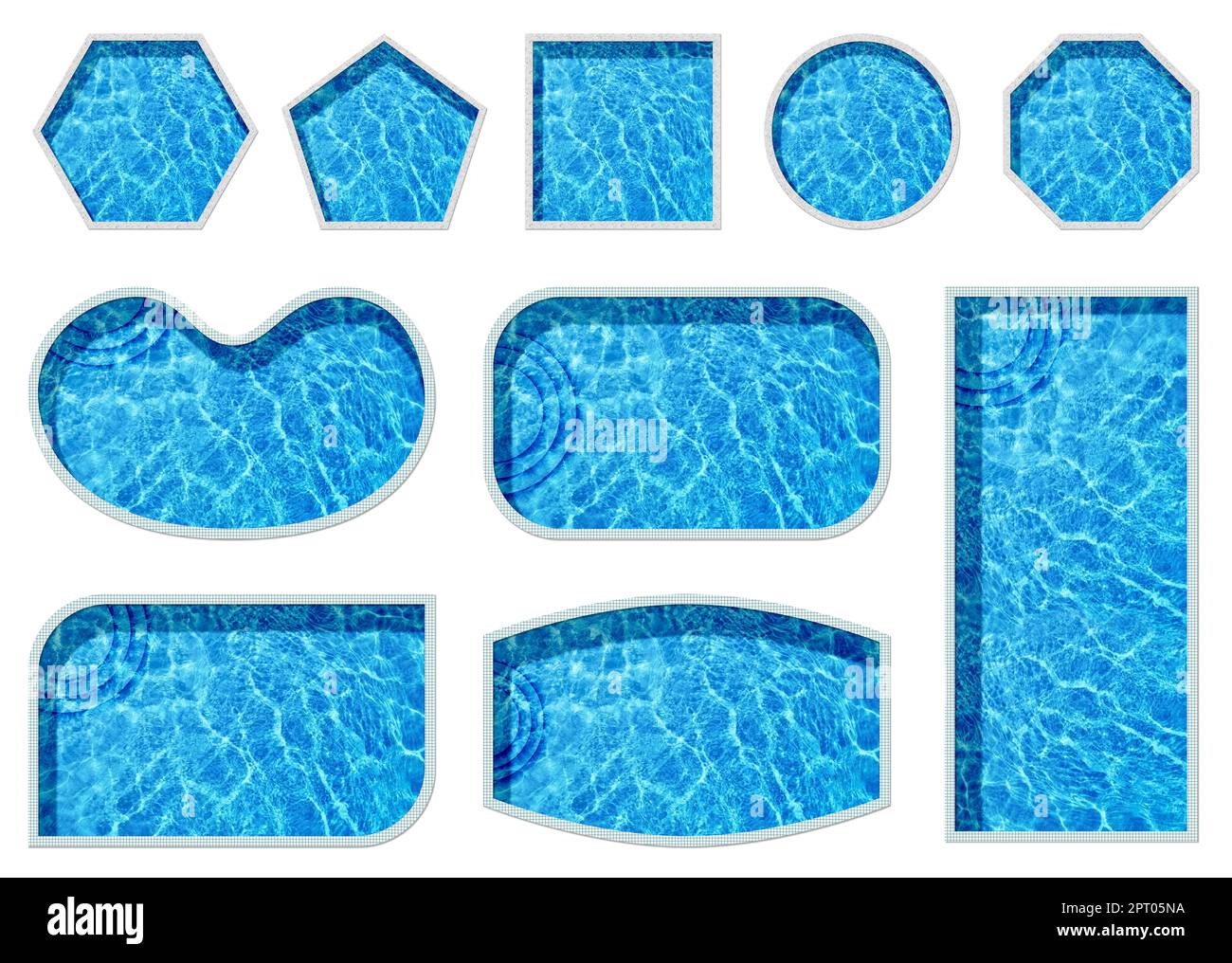 Set with swimming pools of different shapes on white background, top ...