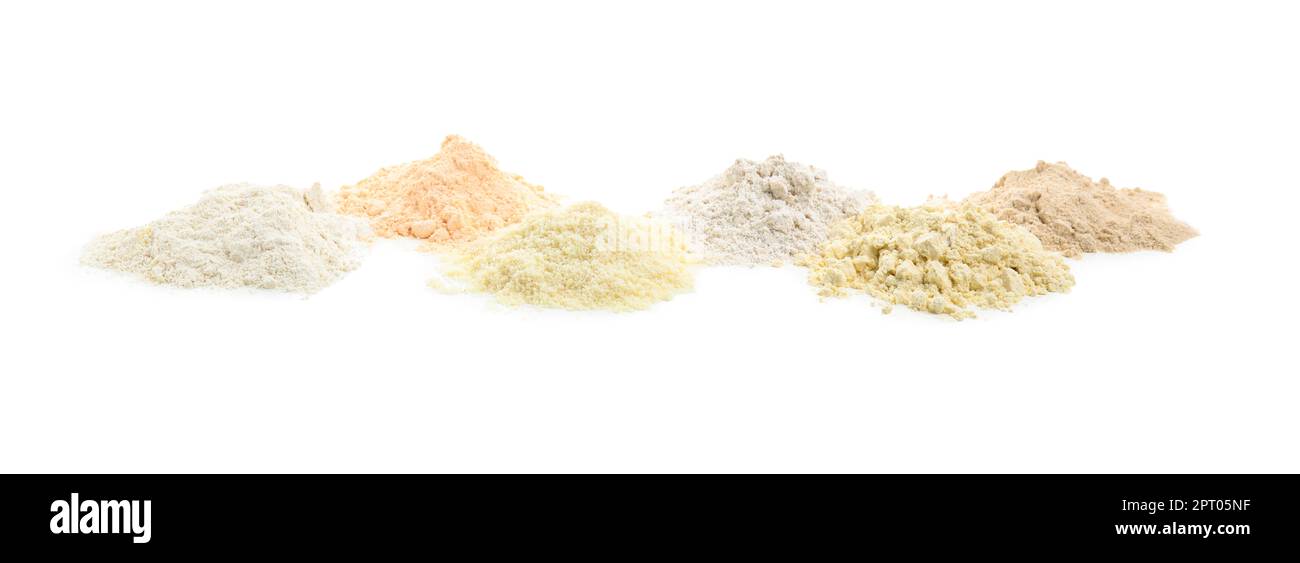 Different types of flours on white background Stock Photo - Alamy