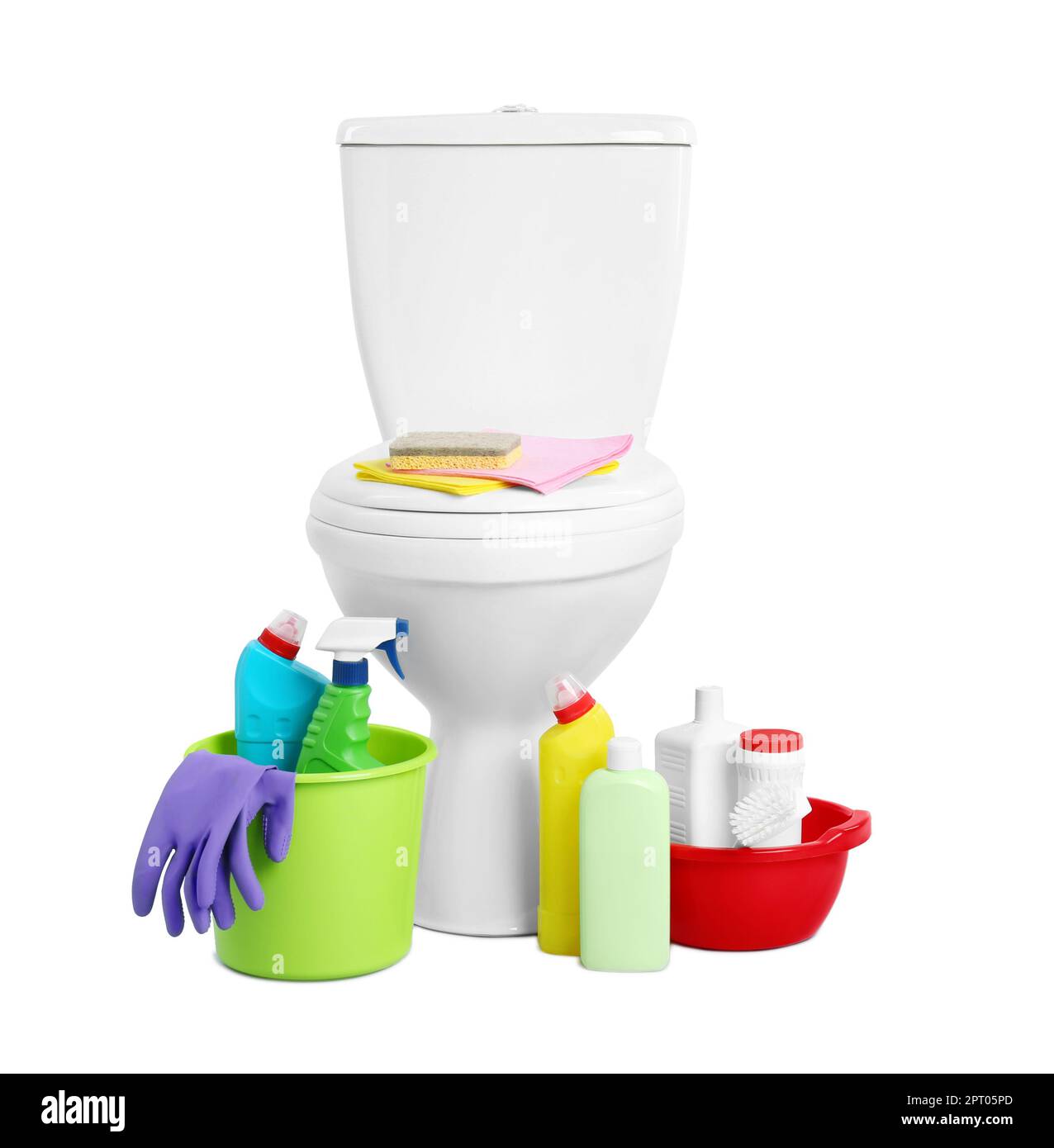 Toilet bowl and different cleaning supplies on white background Stock ...