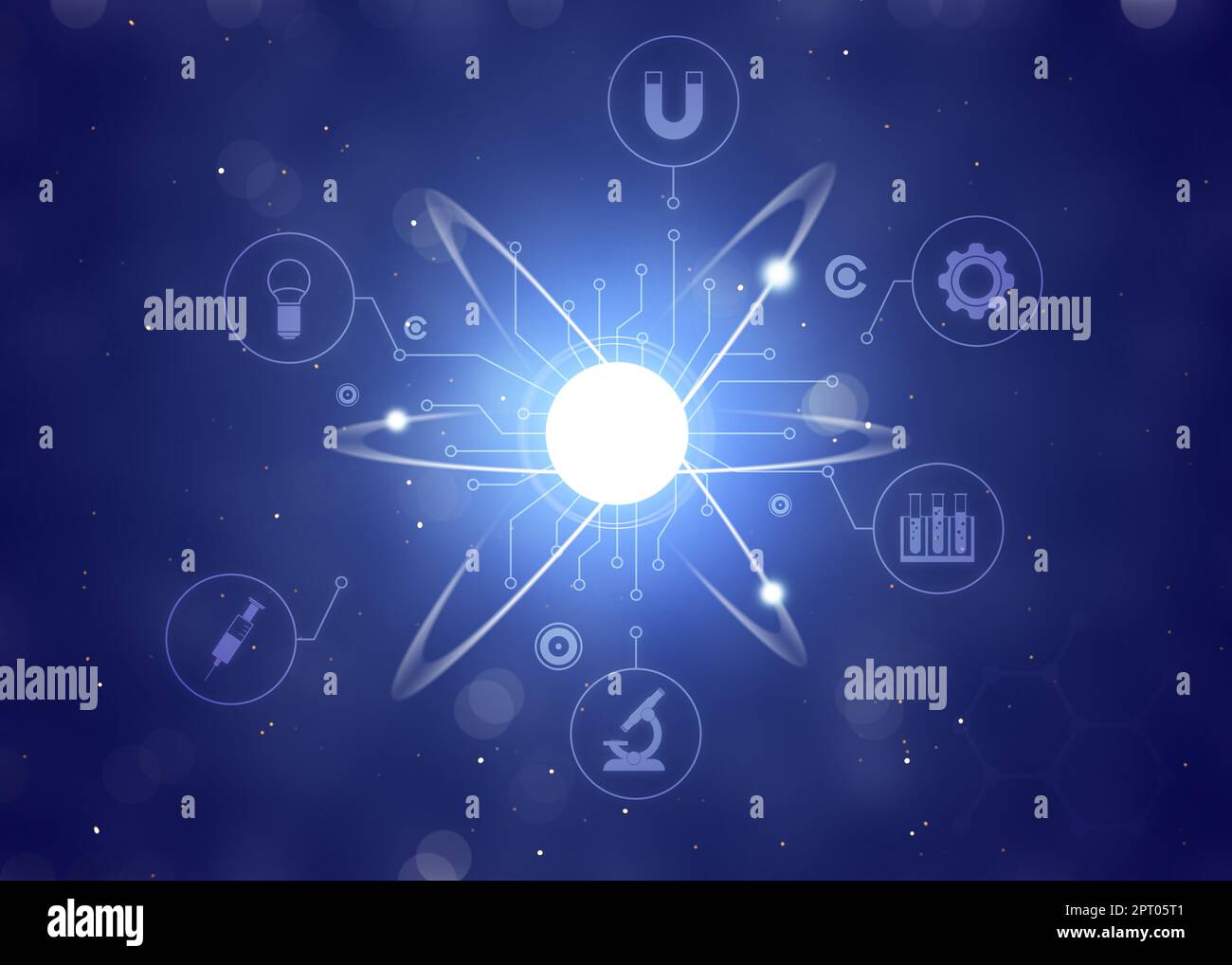 Virtual model of atom and different icons on color background ...