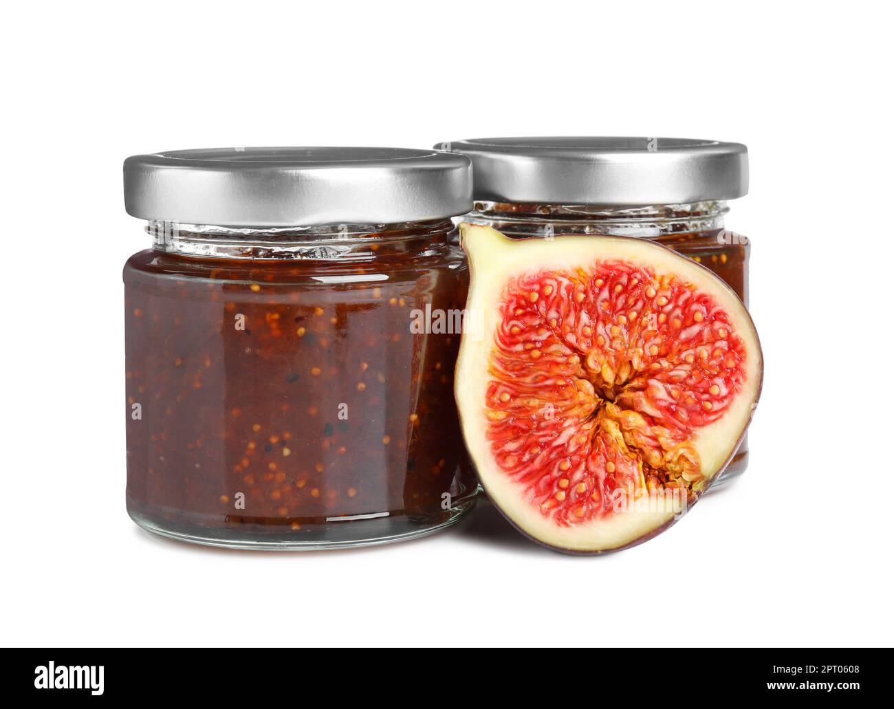 Glass jars of tasty sweet fig jam isolated on white Stock Photo - Alamy