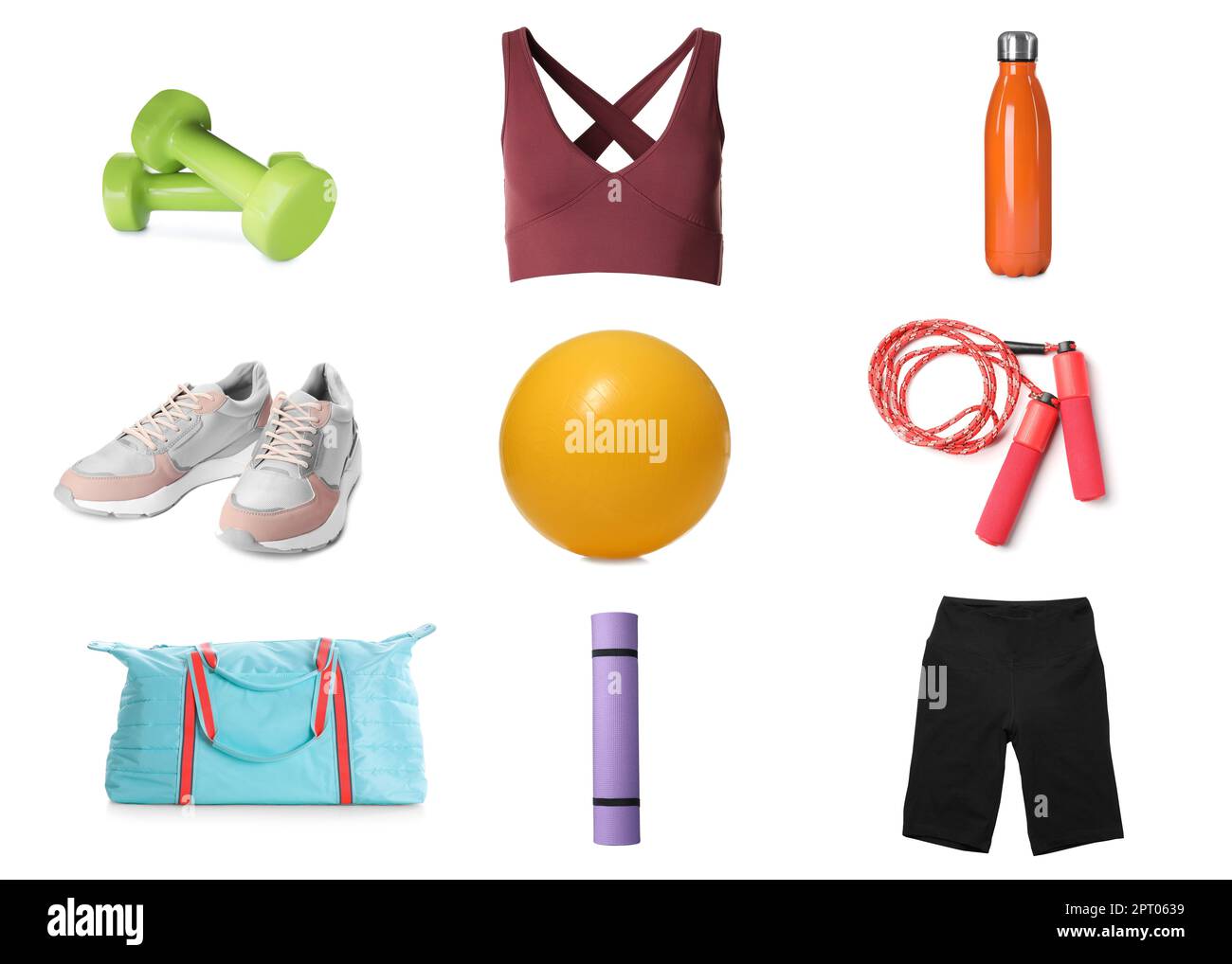 Set with different fitness equipment on white background Stock Photo ...