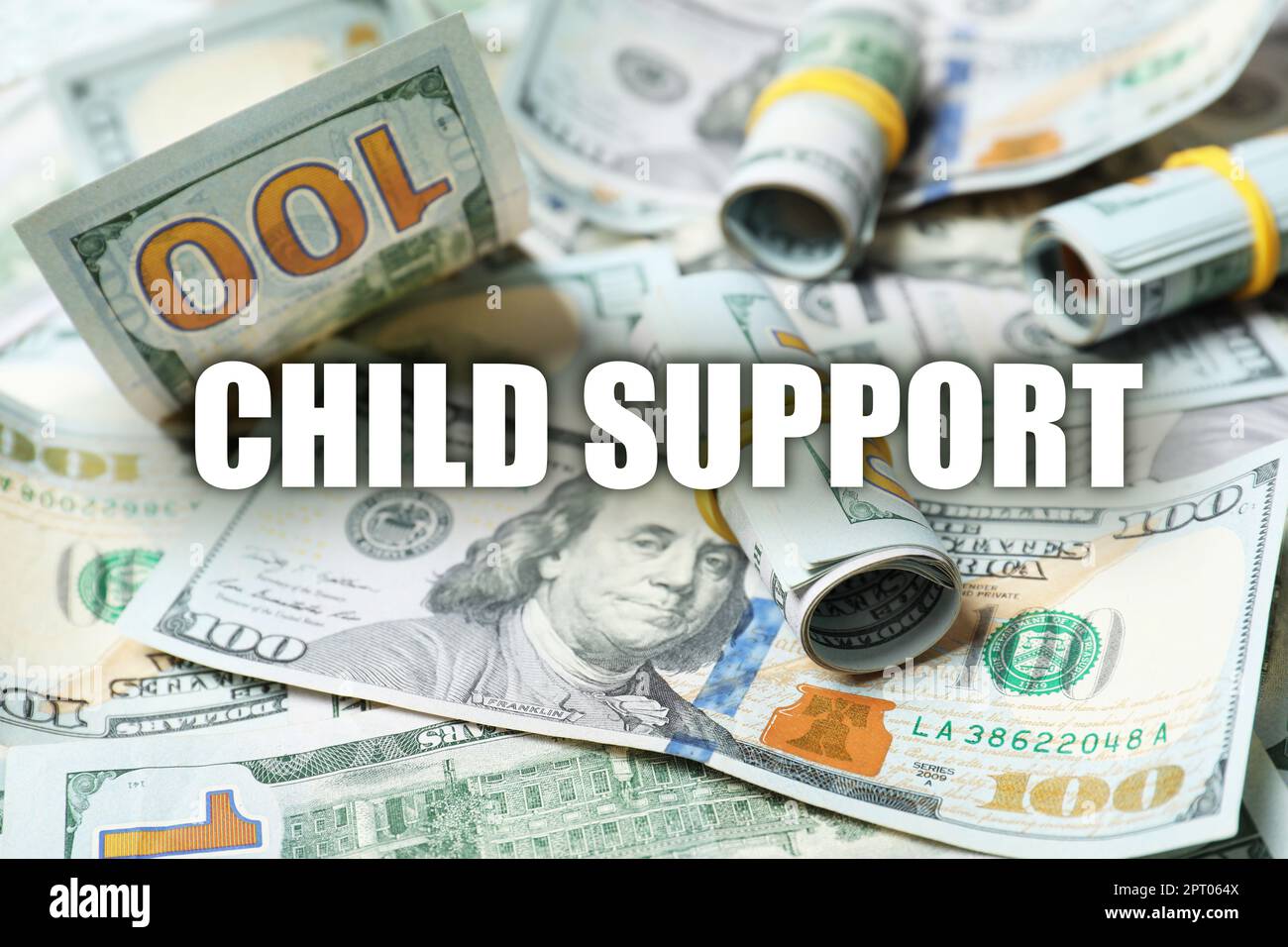Child support concept. Many dollar banknotes as background, closeup ...