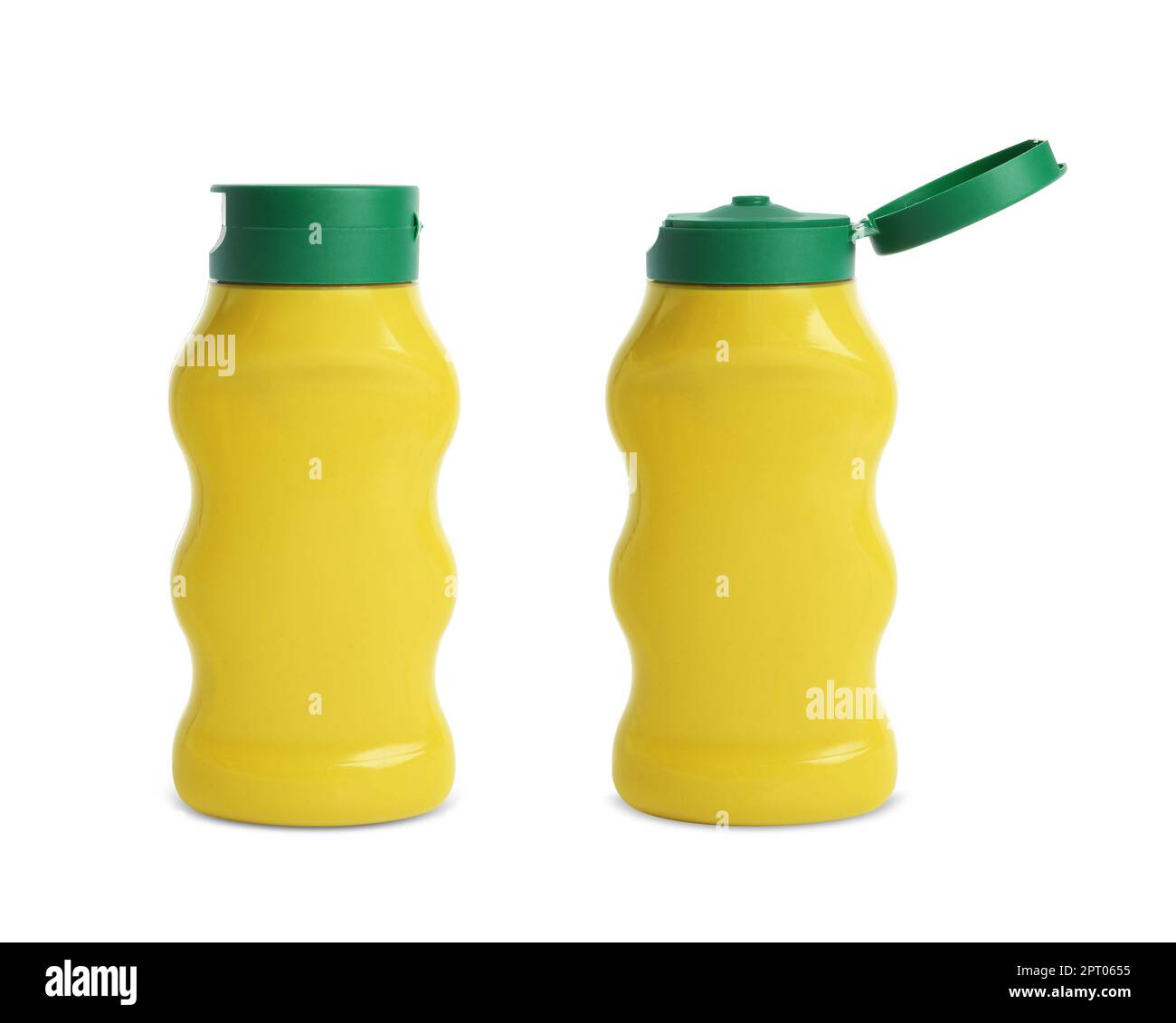 Spicy mustard in plastic bottles on white background, collage Stock ...