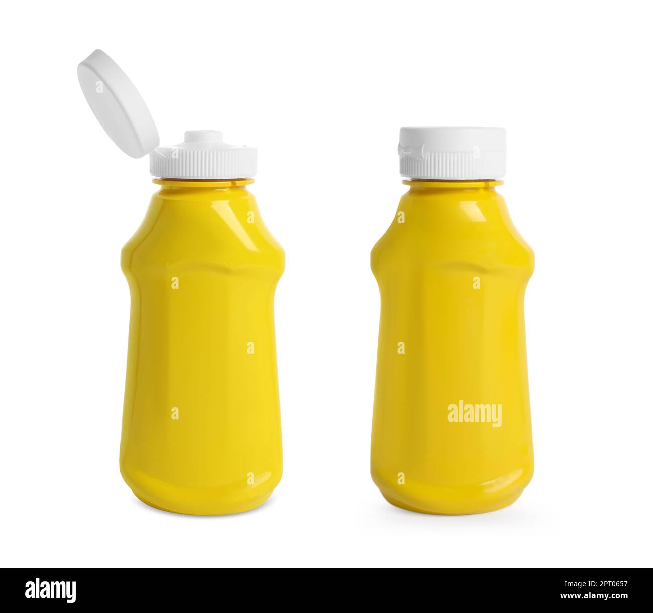 Spicy mustard in plastic bottles on white background, collage Stock ...