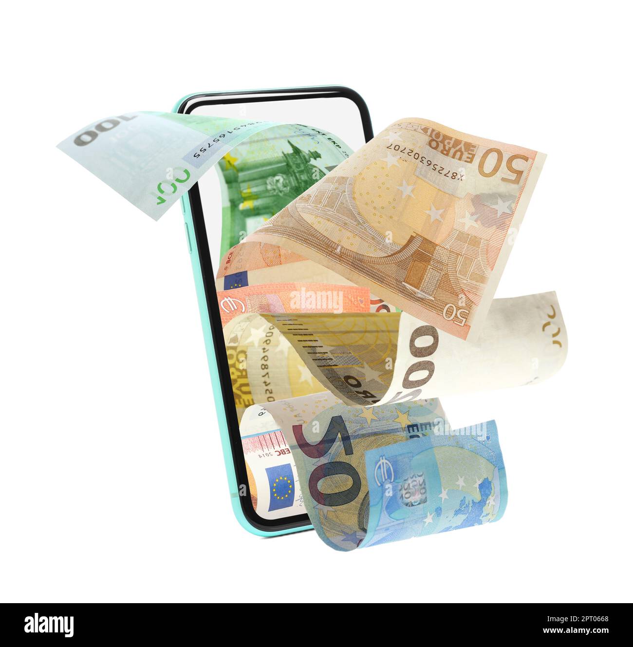 Euro banknotes and modern smartphone on white background Stock Photo ...