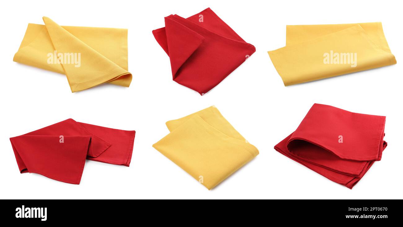 Set with different fabric napkins on white background Stock Photo - Alamy