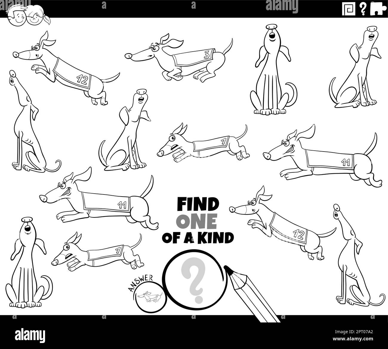 one of a kind task with funny cartoon dogs coloring page Stock Vector ...