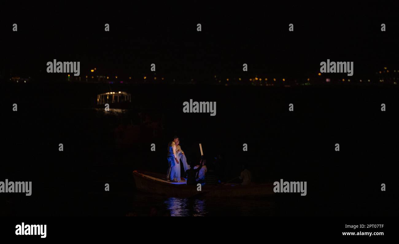 Varanasi, Uttar Pradesh, India - November 2022: Tourists enjoying boat ...